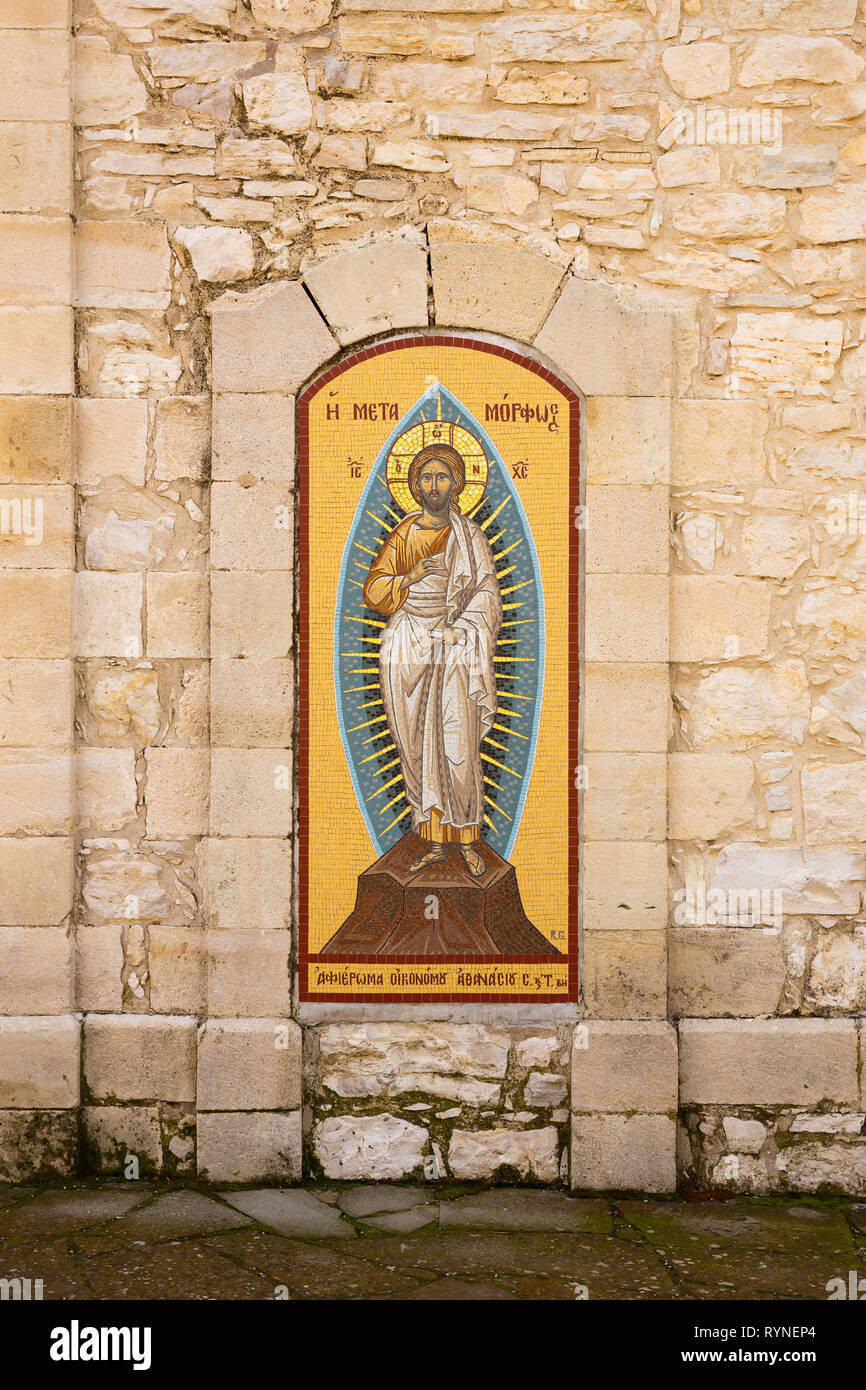 The mosaic icon on the wall of the old church in Limnatis village ...