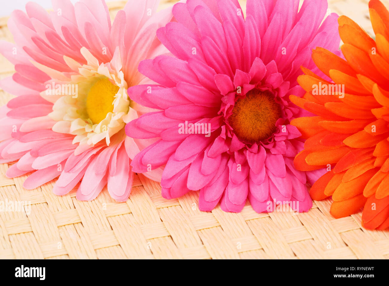 Colorful fabric daisies on bamboo background, closeup picture Stock ...