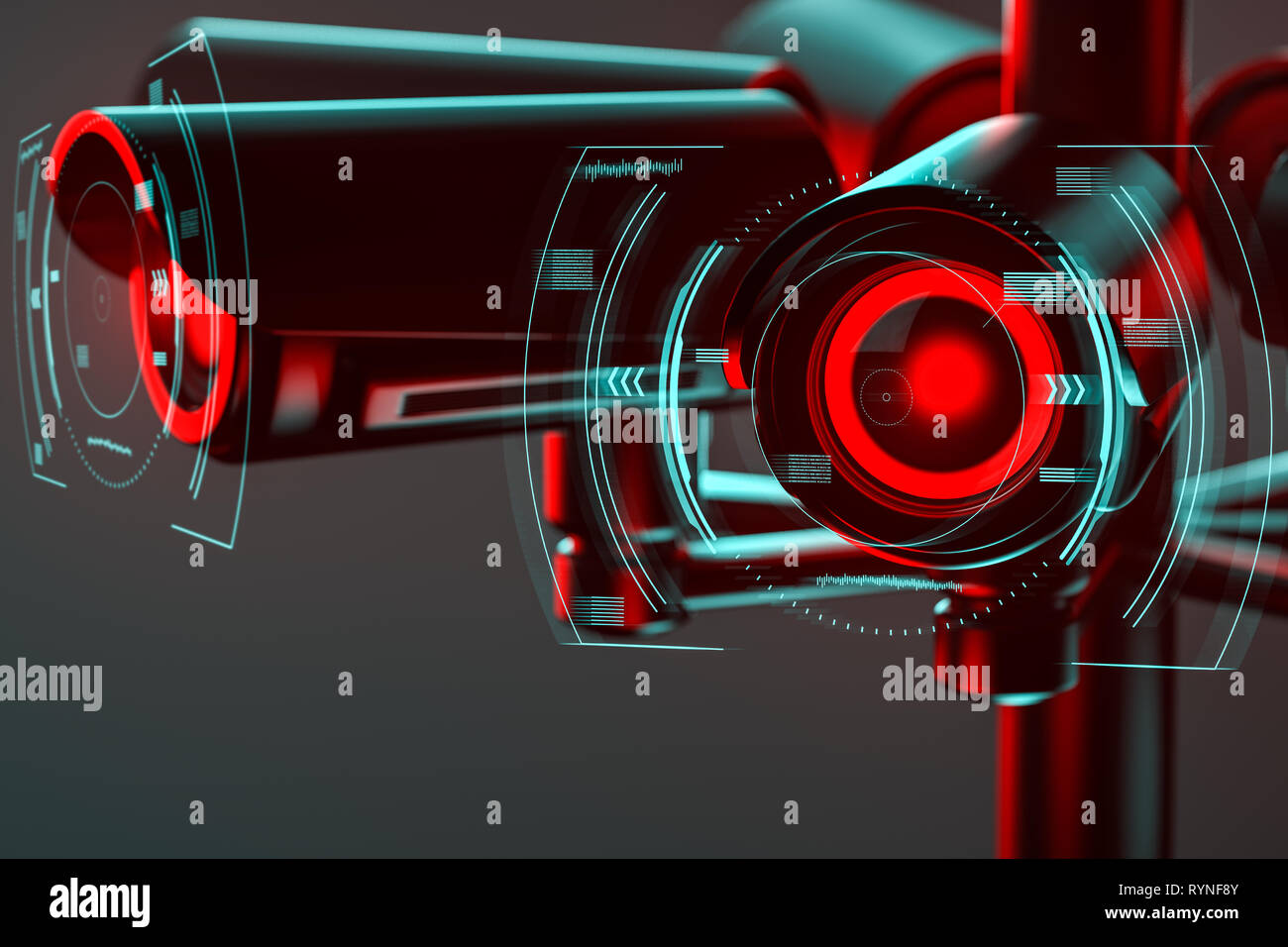 Close up on cctv lens surrounded by some kind of futuristic interface ...