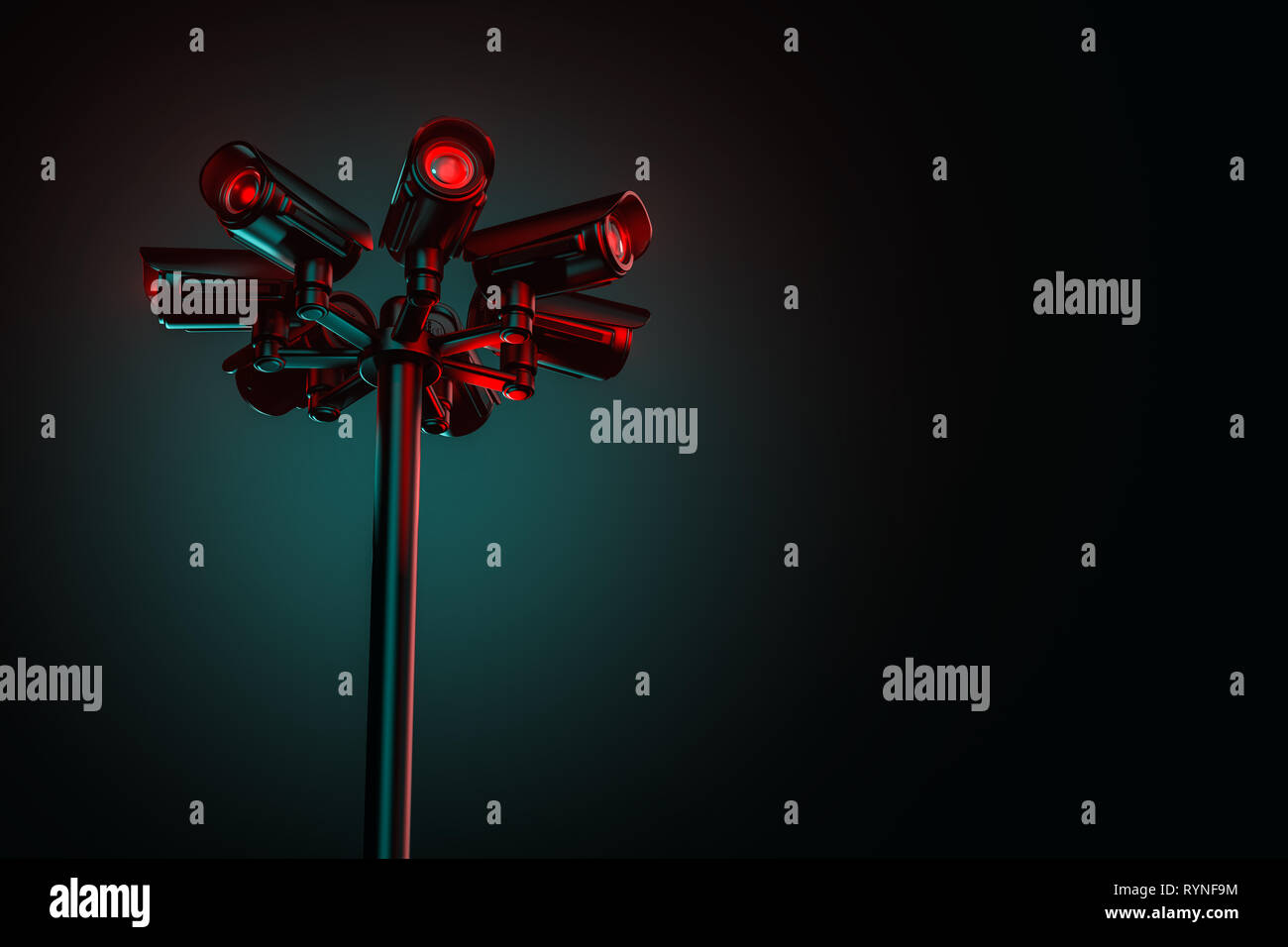 Seven cctv security cameras on the street pylon with a copy space on ...