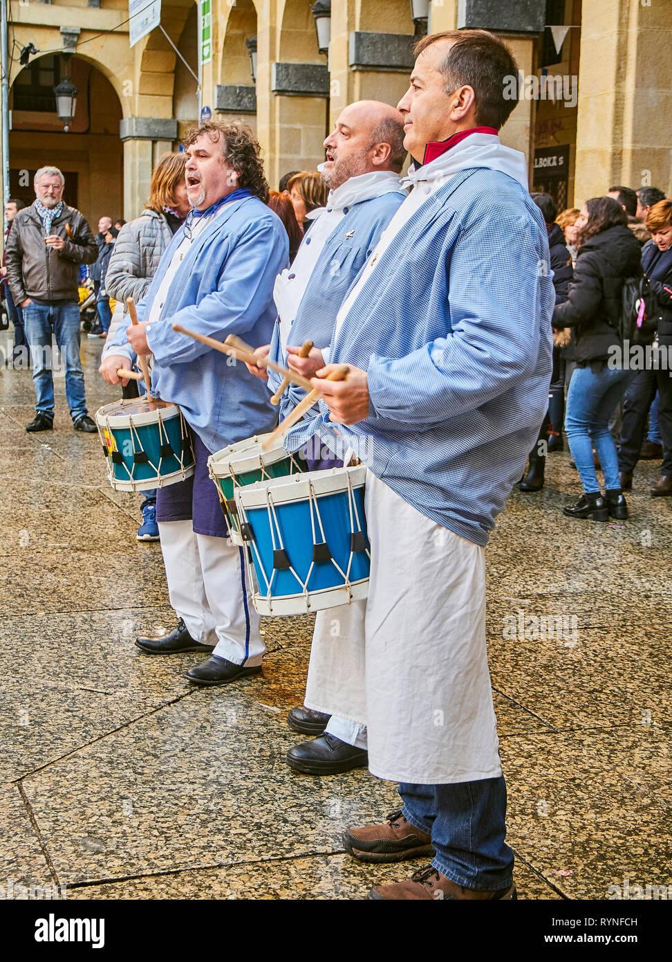 Citizens drumming at the Tamborrada, the drum parade to celebrated the ...