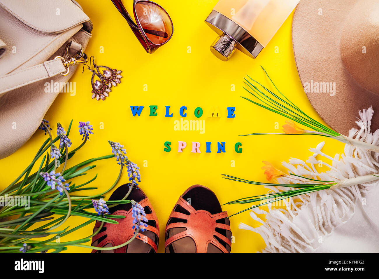 Spring female outfit. Set of clothes, shoes and accessories on yellow ...