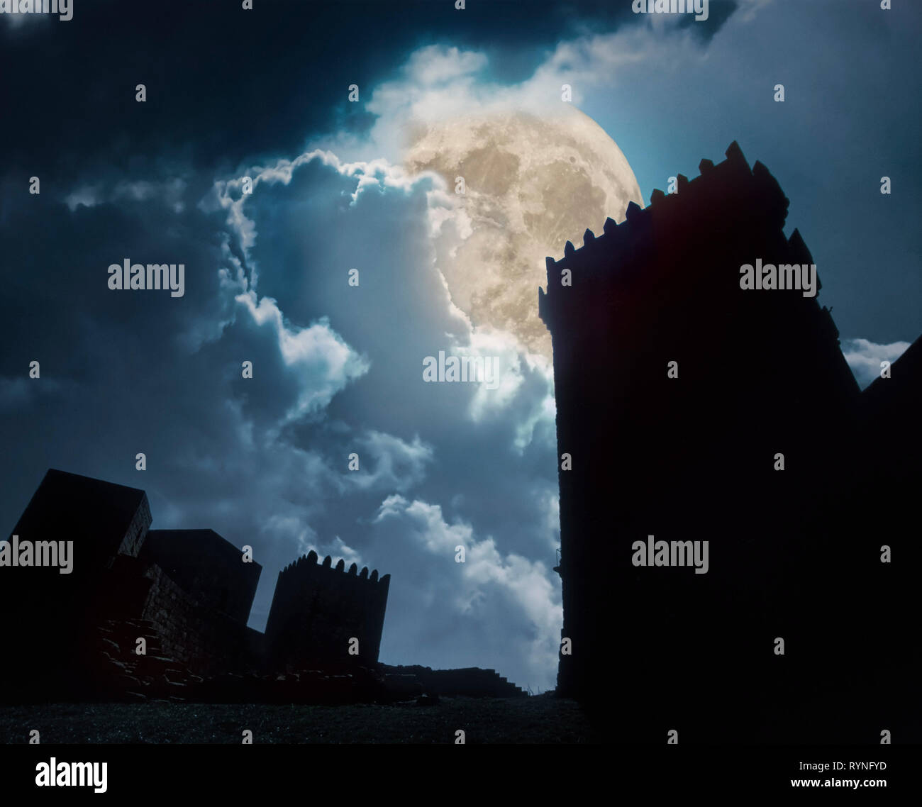 Medieval european castle in a cloudy full moon night. Added some ...