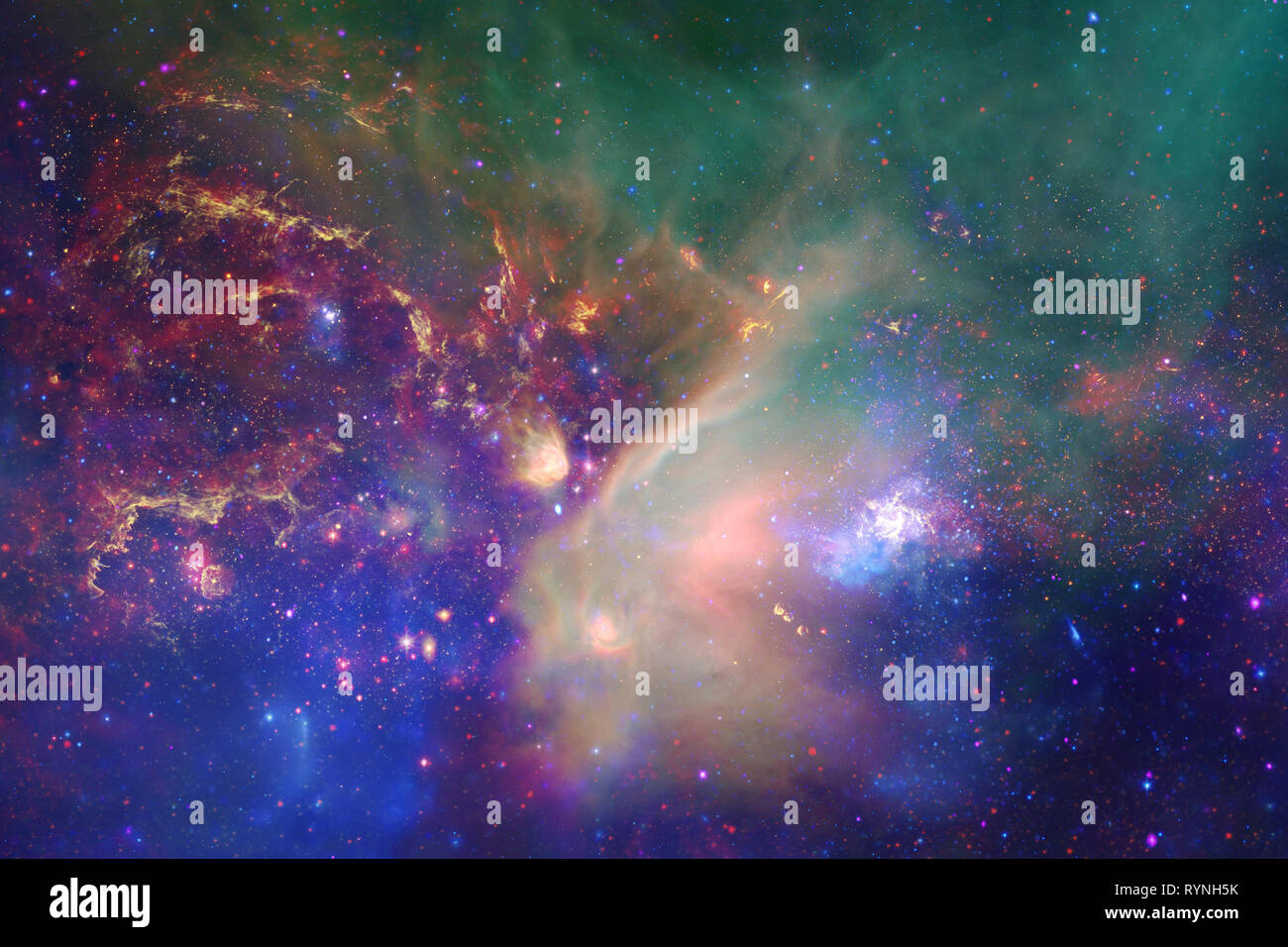 Universe scene with bright stars and galaxies in deep space showing the ...