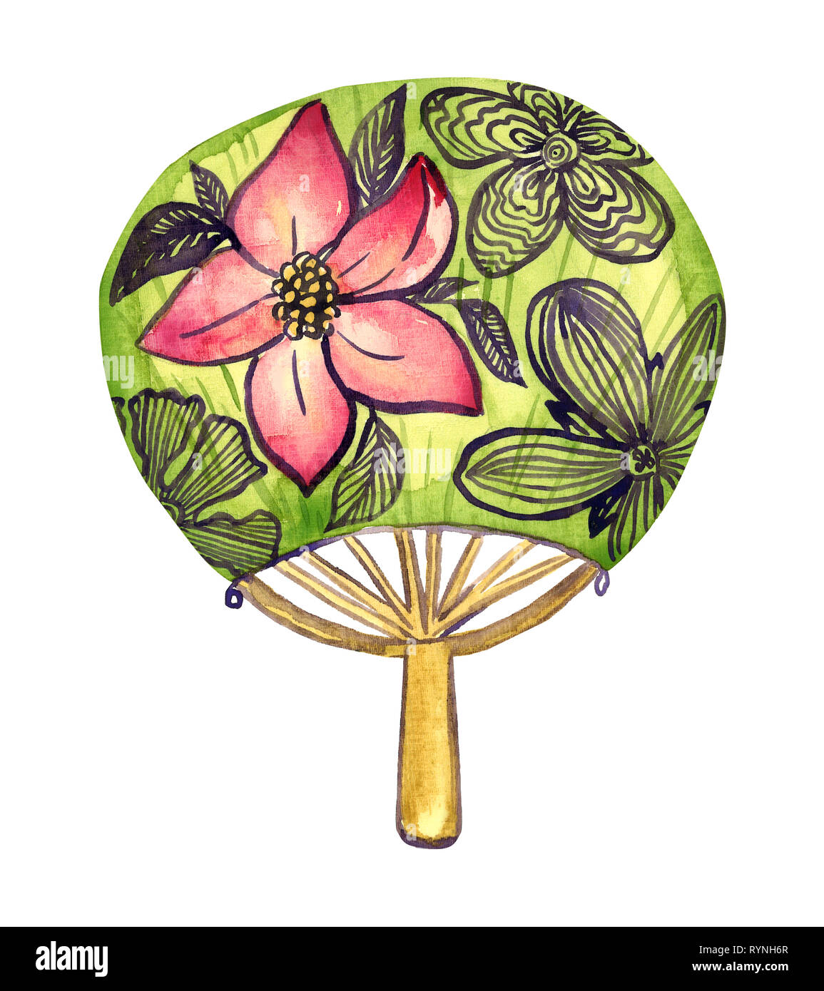 Traditional round Asian fan with pink lotus flower, hand painted ...