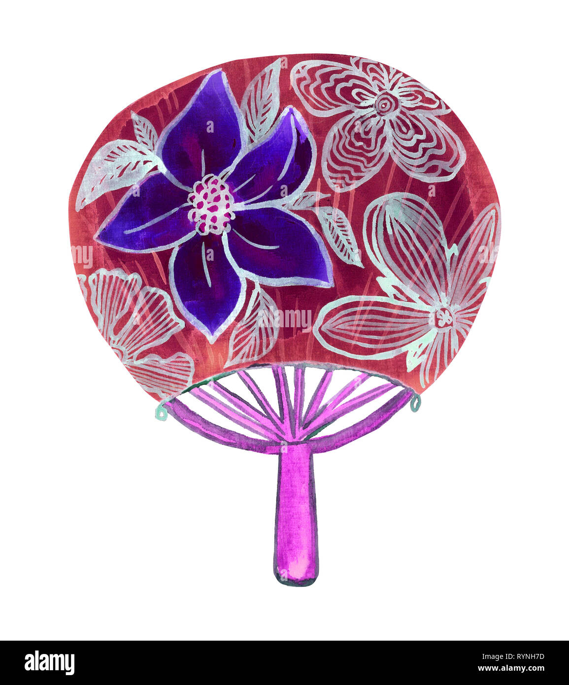 Traditional round Asian fan with blue lotus flower, hand painted ...