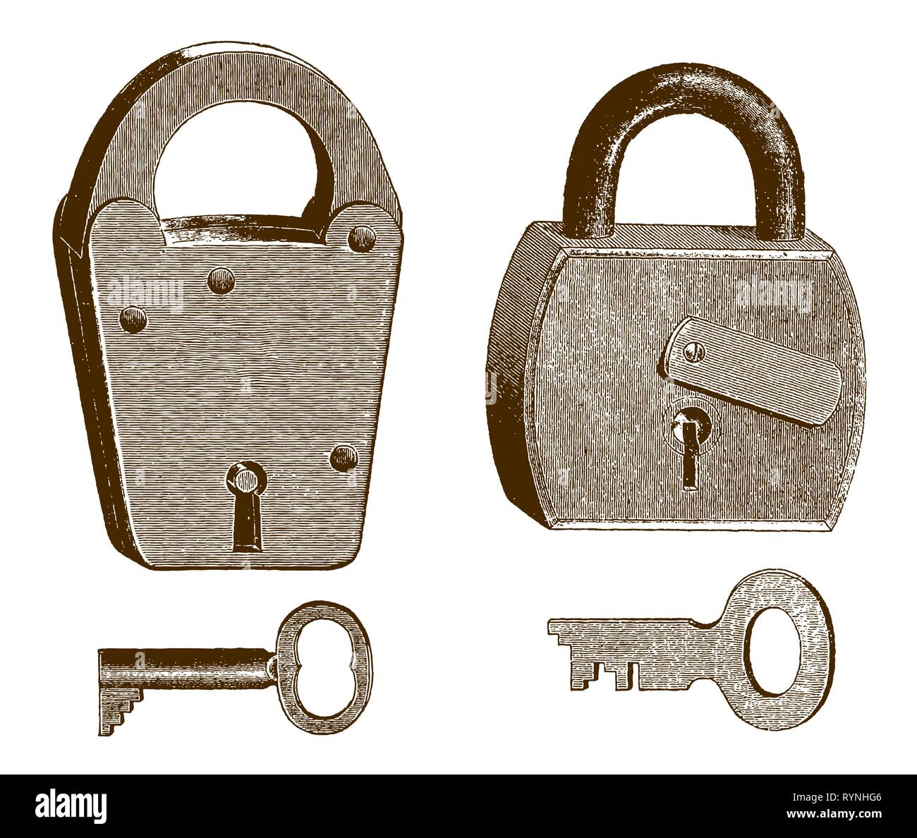 Historic keystone padlock and flat-keyed automatic padlock with key ...