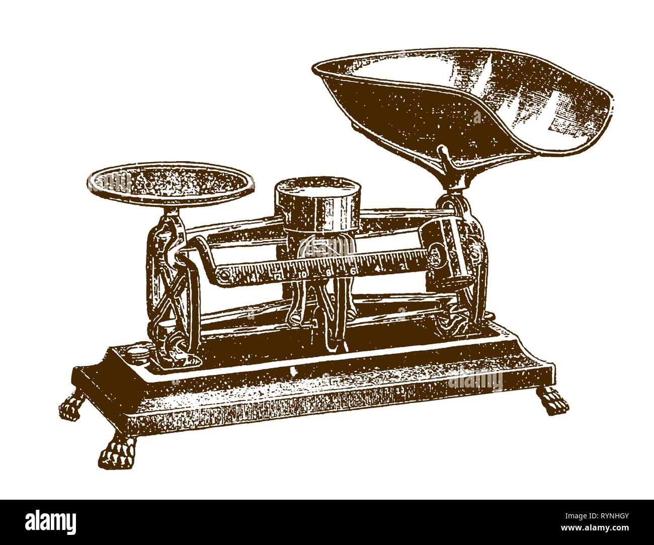 Historic mechanical grocery balance (after an engraving or etching from ...