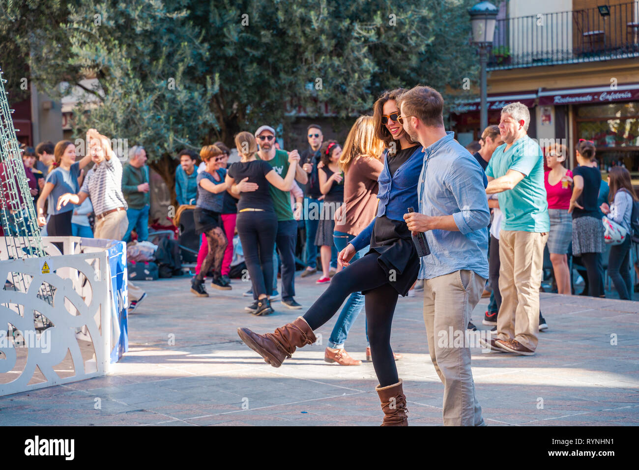 Valencia, Spain; December 2 2018: People dancing on the street during ...