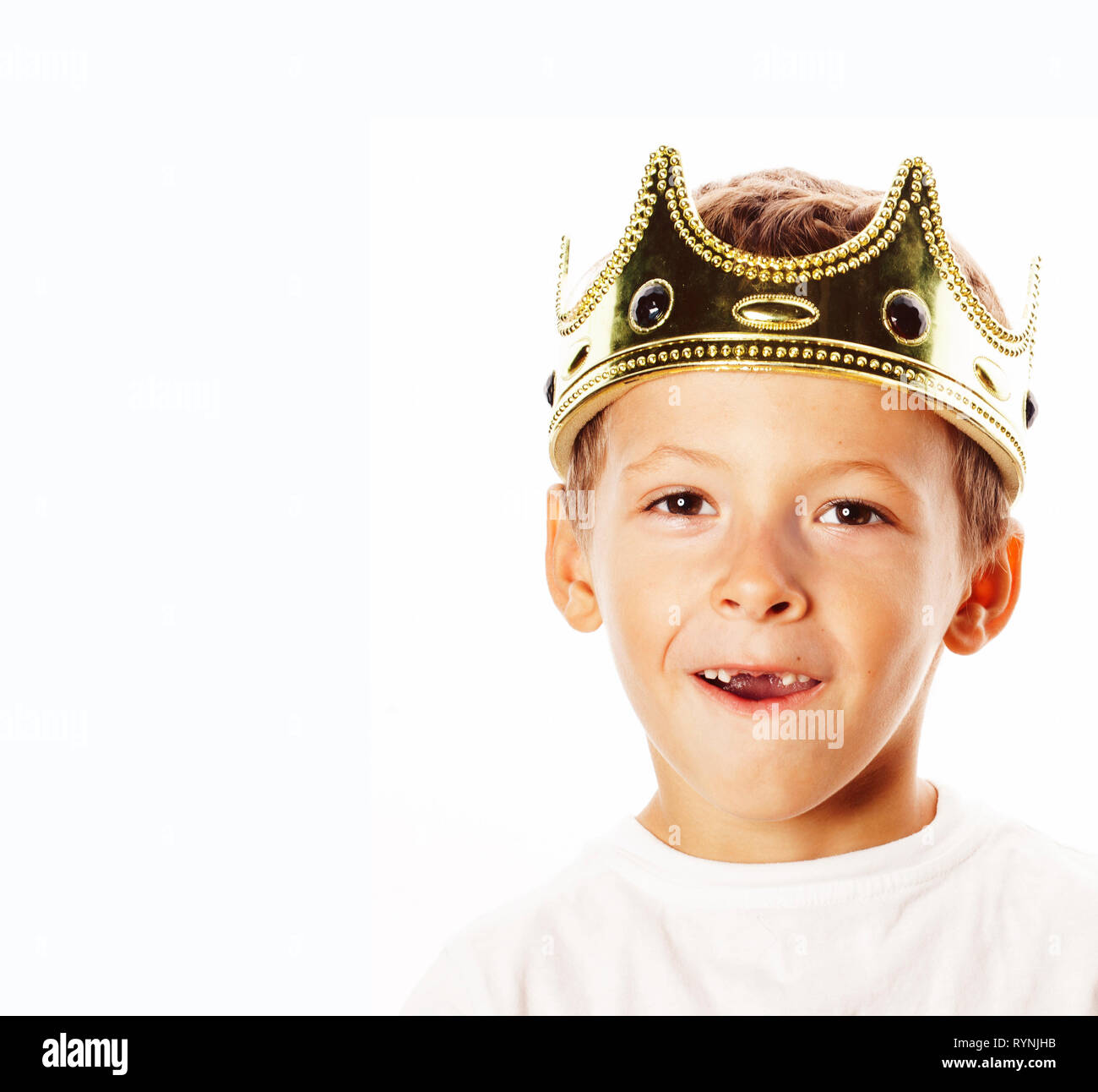 little cute boy wearing crown isolated close up on white Stock Photo ...