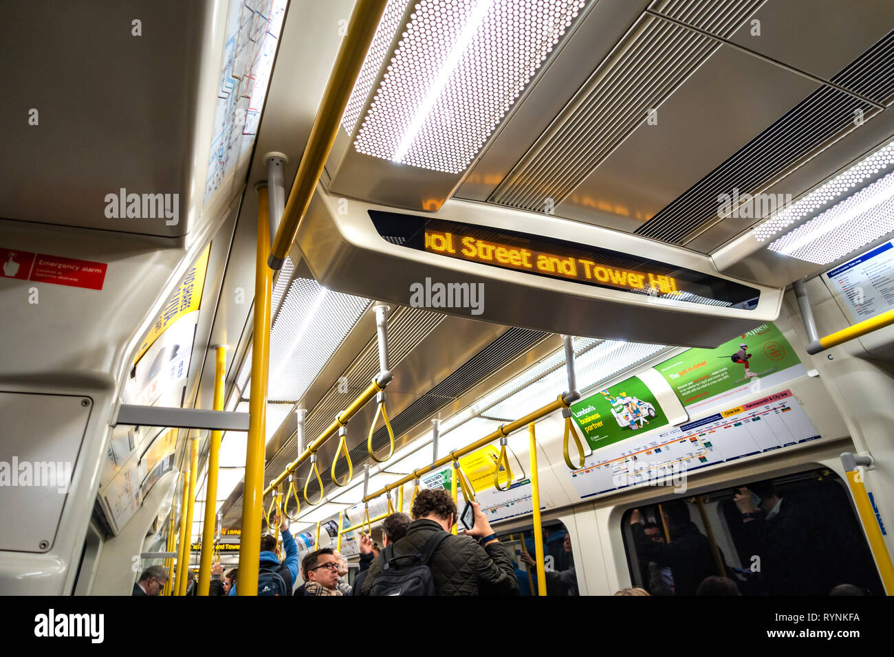 Information sign above the heads of Tube commuters on the London ...