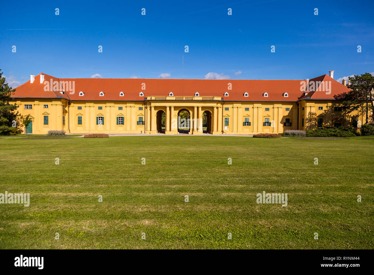 Lednice castle with monumental garden English park. Cultural landscape ...