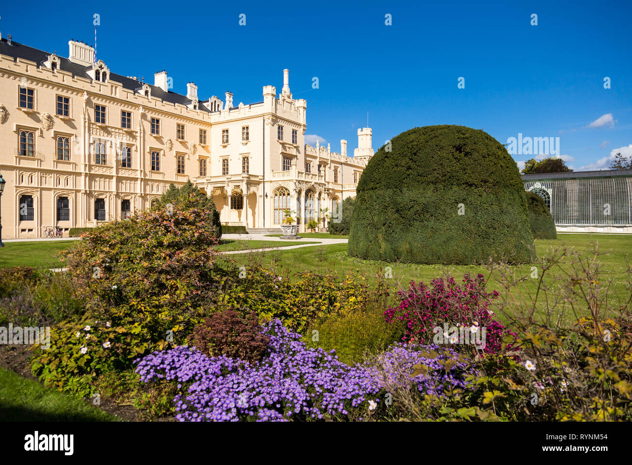 Lednice castle with monumental garden English park. Cultural landscape ...