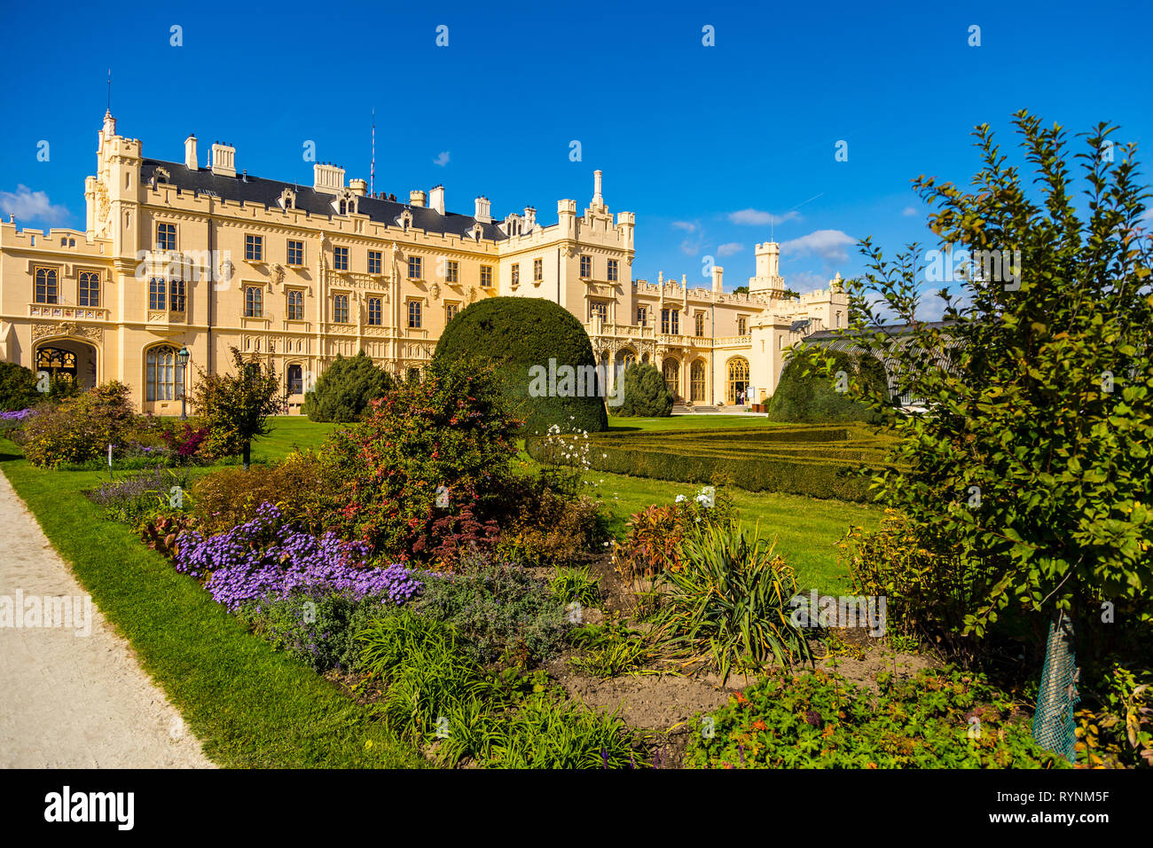 Lednice castle with monumental garden English park. Cultural landscape ...