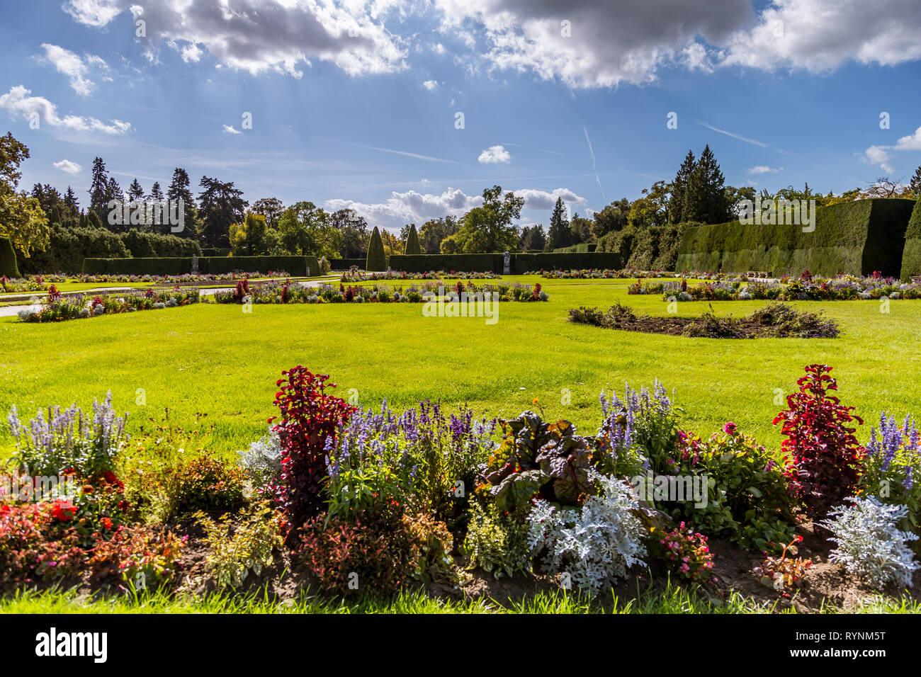 Lednice castle with monumental garden English park. Cultural landscape ...
