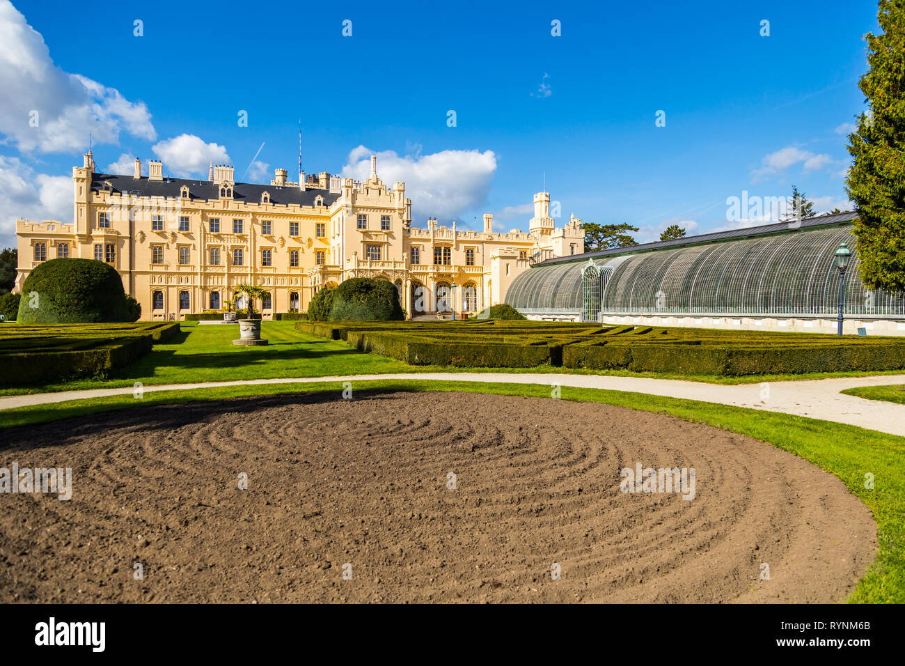 Lednice castle with monumental garden English park. Cultural landscape ...
