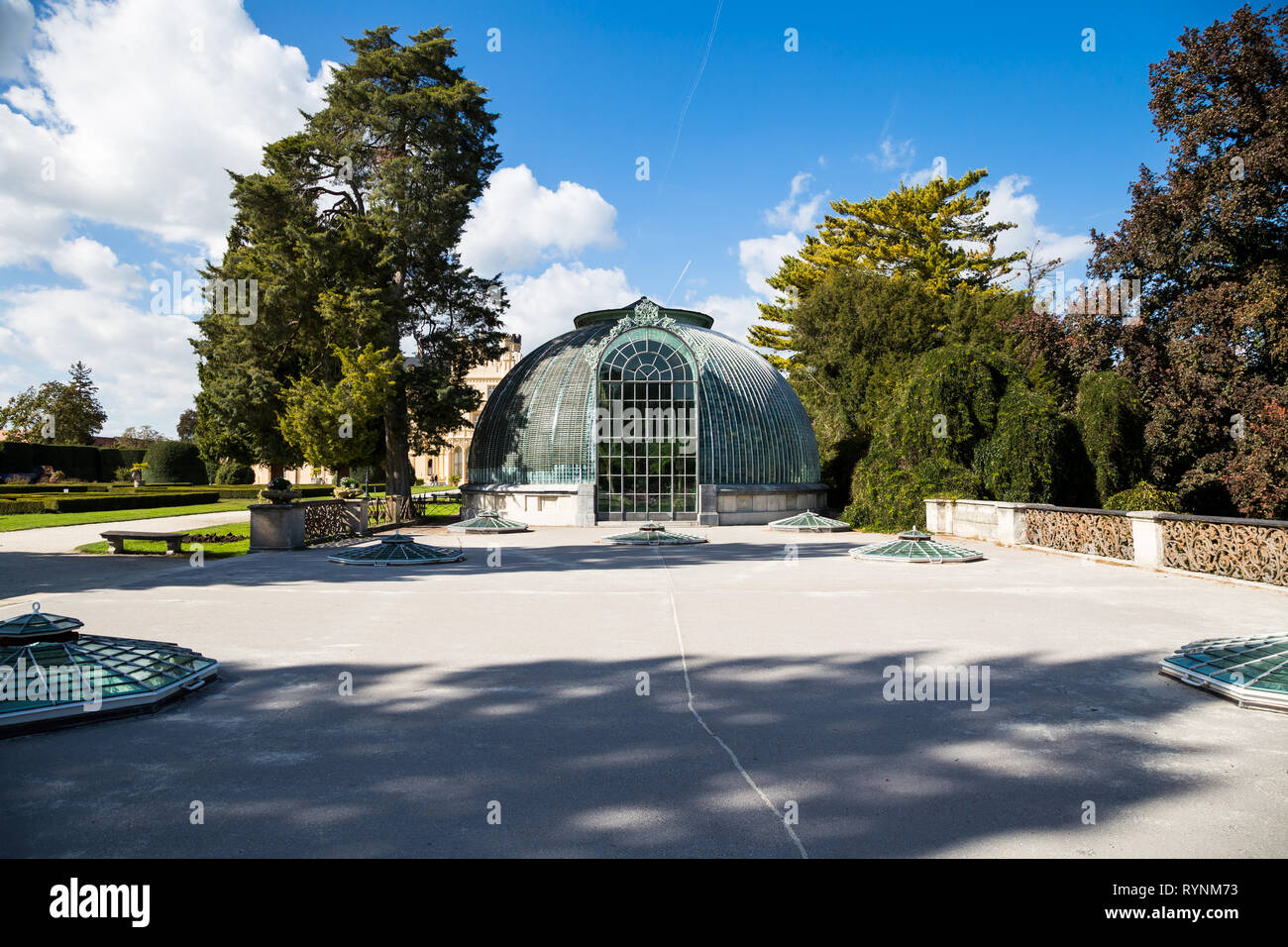 Lednice castle with monumental garden English park. Cultural landscape ...