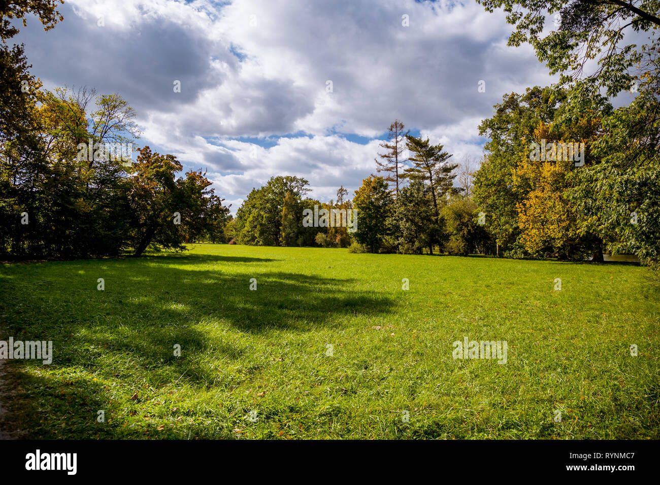 Lednice castle with monumental garden English park. Cultural landscape ...