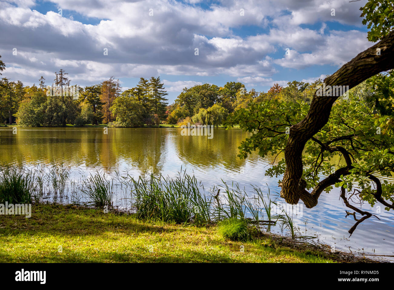 Lednice castle with monumental garden English park. Cultural landscape ...