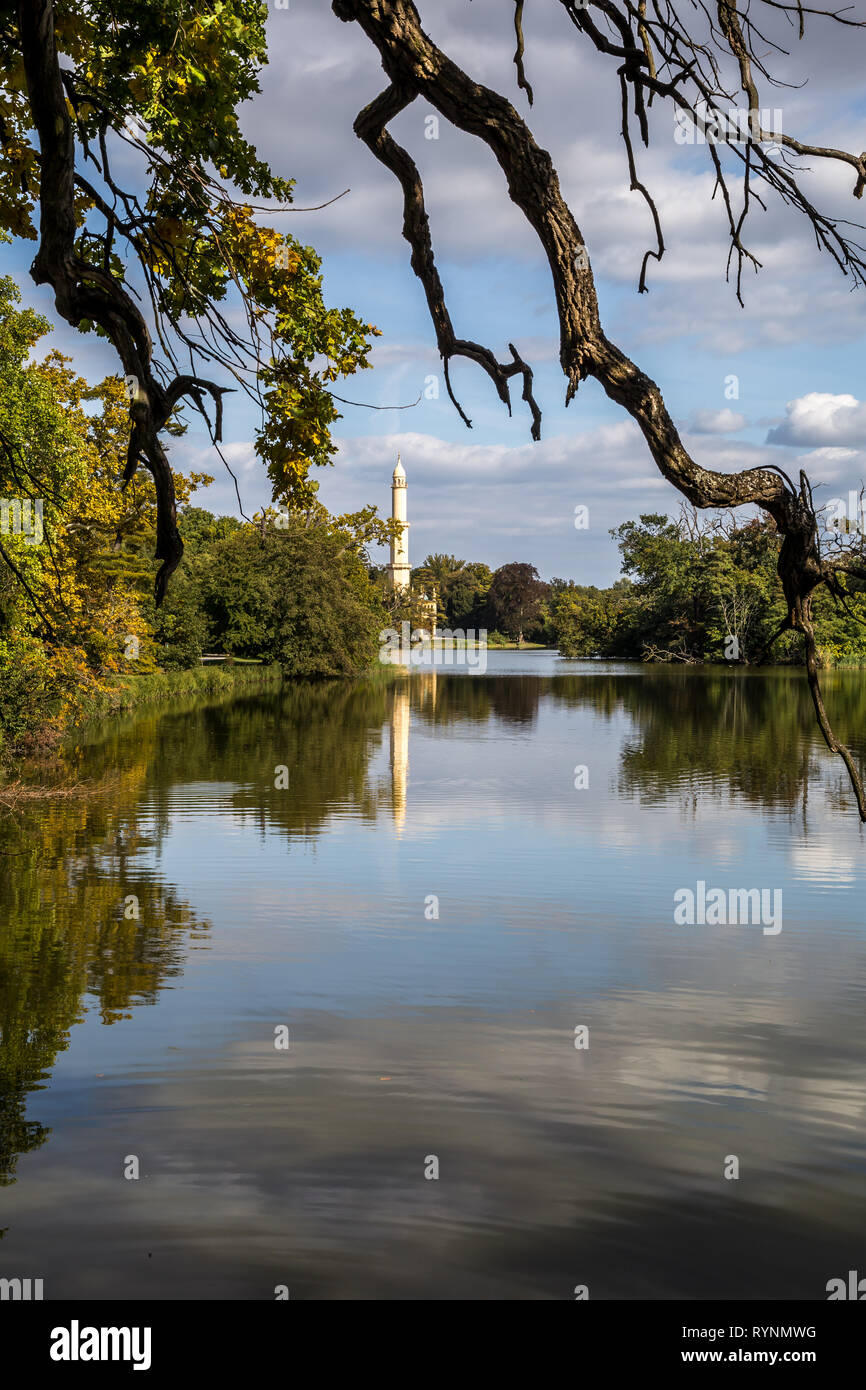 Lednice castle with monumental garden English park. Cultural landscape ...