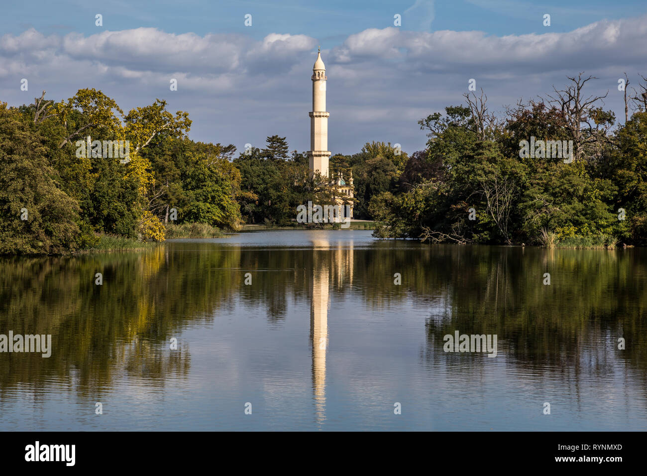 Lednice castle with monumental garden English park. Cultural landscape ...