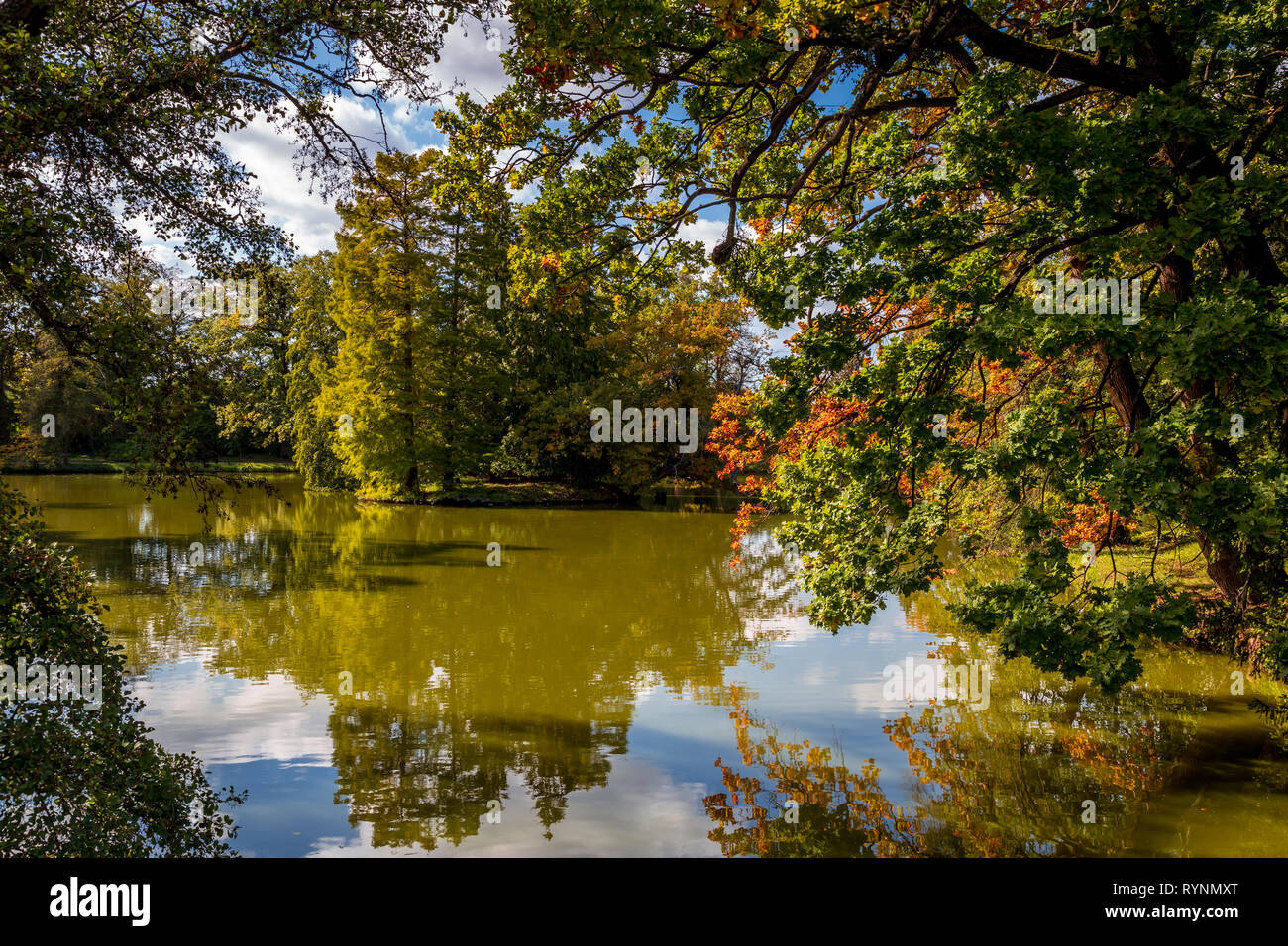 Lednice castle with monumental garden English park. Cultural landscape ...