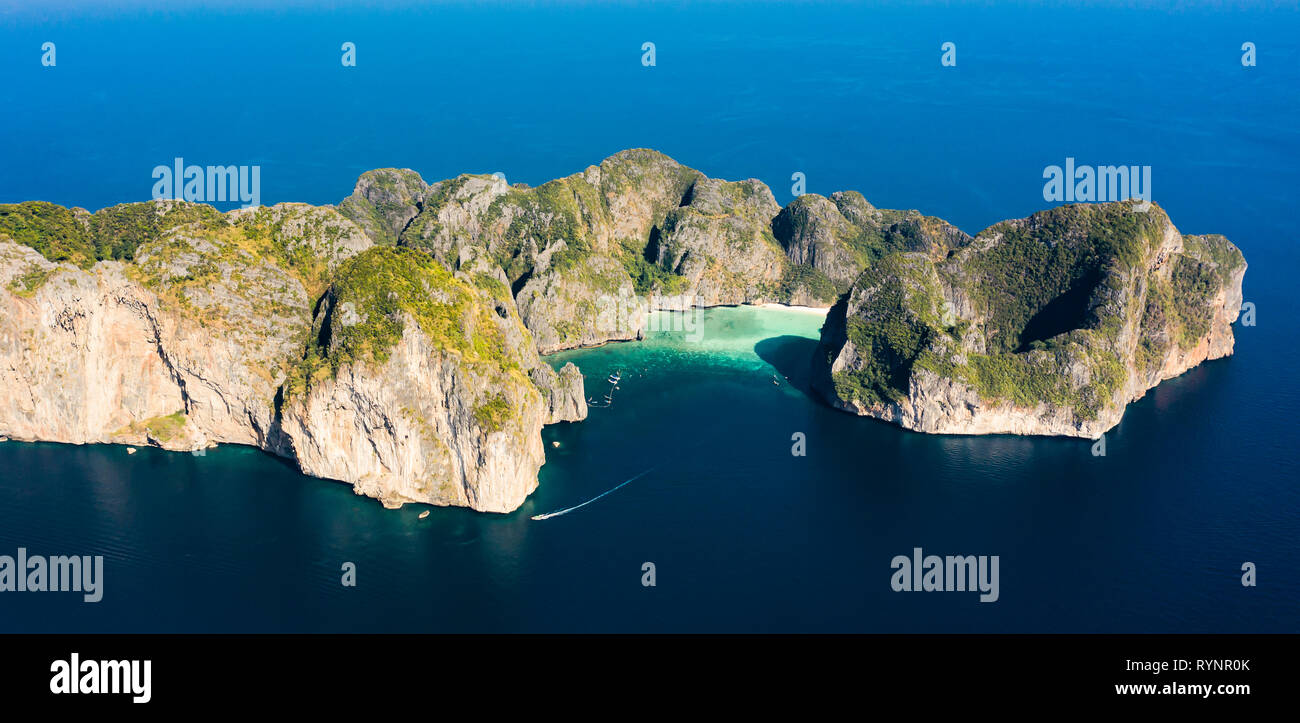 View from above, stunning aerial view of Koh Phi Phi Leh (Phi Phi Island) with the beautiful ...