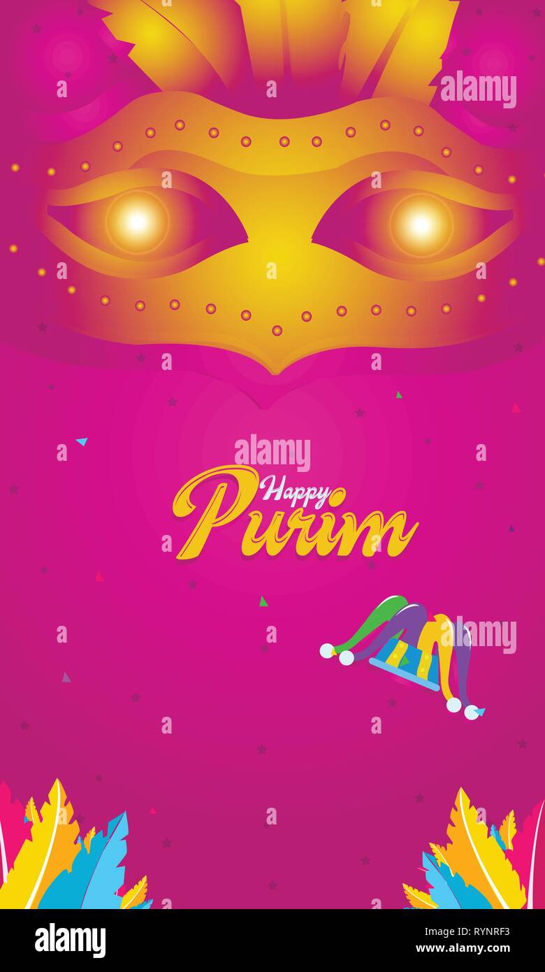 Happy Purim Jewish Holiday greeting card with traditional purim symbols ...