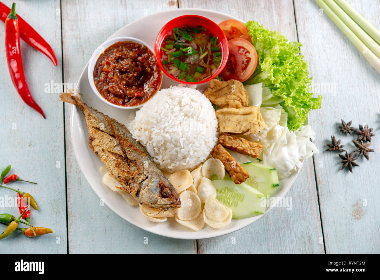 Fried mackerel fish rice with sambal, popular traditional Malay or ...