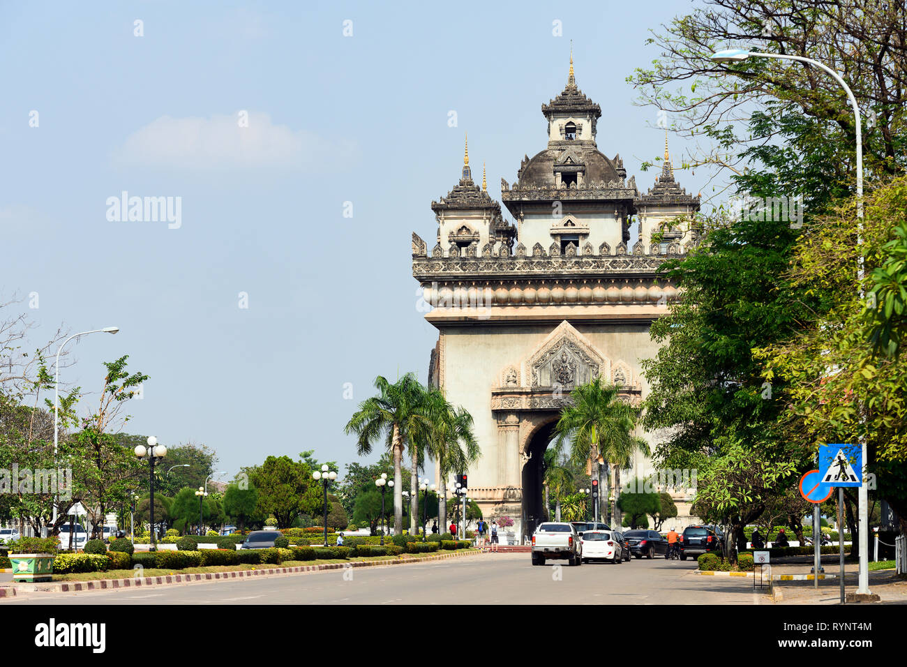 Stunning view of the beautiful Patuxai with daily traffic on the ...
