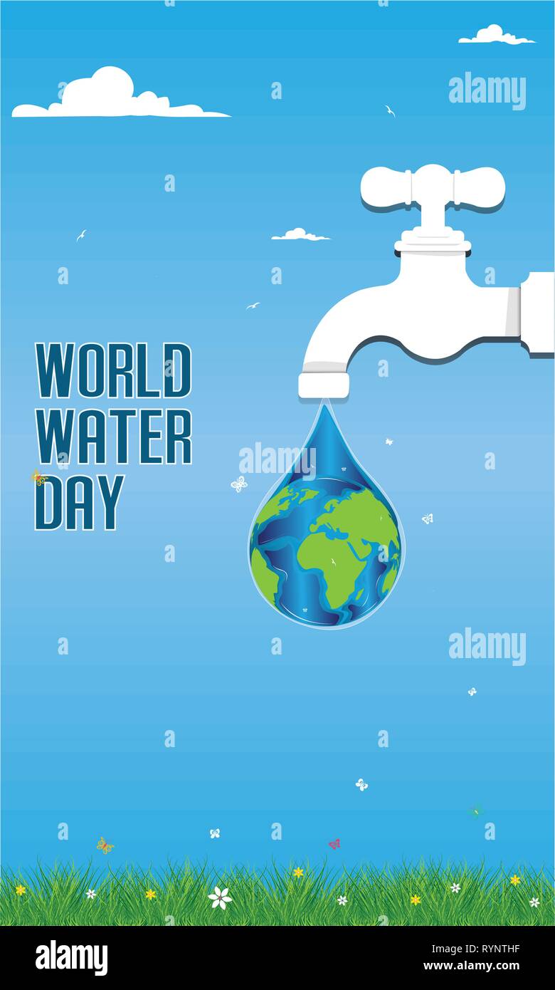 Vector illustration of water tap with the Earth globe inside water drop ...
