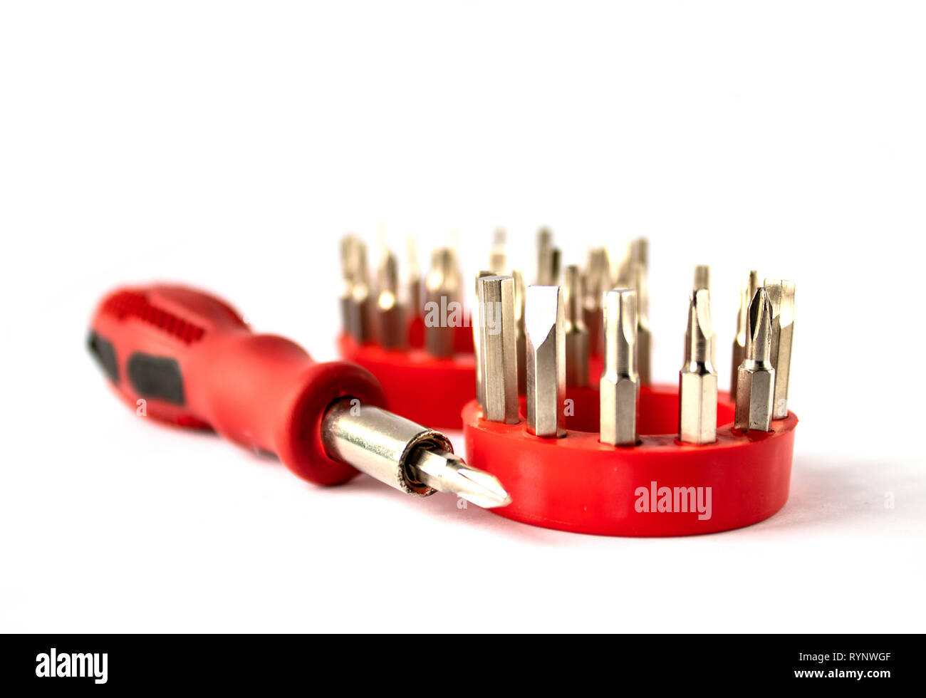 Screwdriver with red handle, set of screwdriver heads (bits) for tools ...