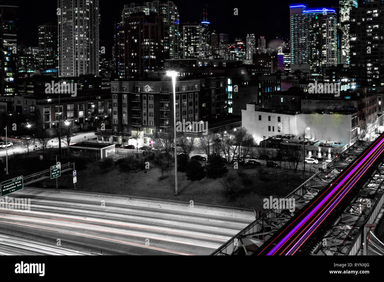 Night time in the West Loop at Interstate 90 and Lake Street. Urban ...