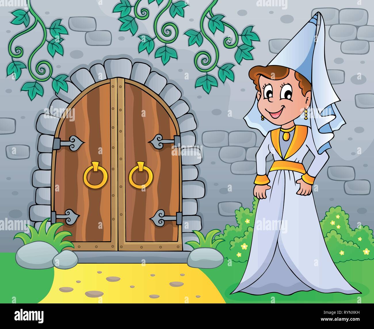 Medieval lady by old door theme image 1 - eps10 vector illustration ...