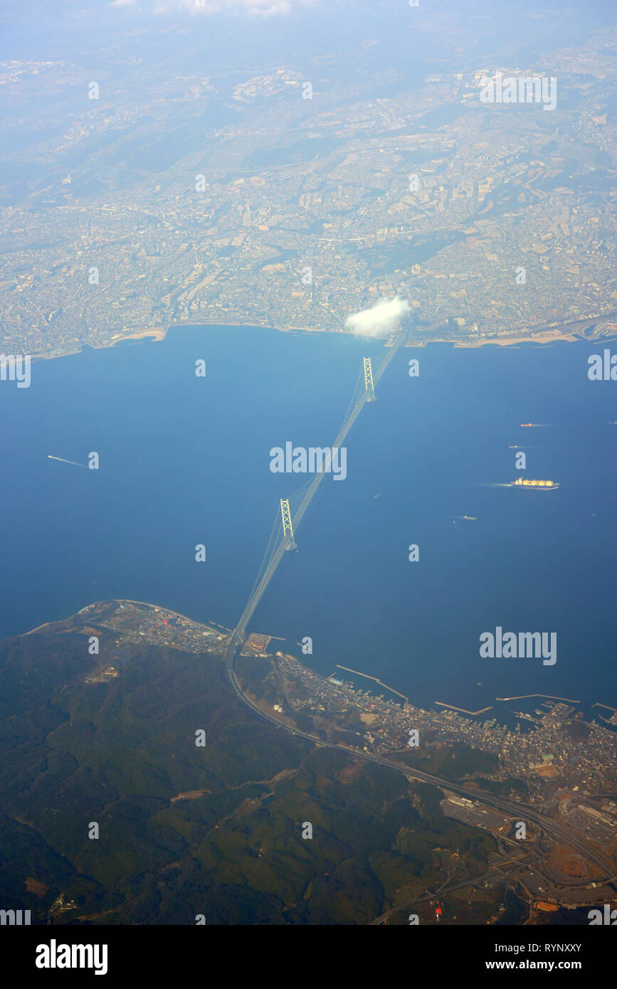 View of the Akashi Kaikyo Bridge, a suspension bridge over the Akashi ...