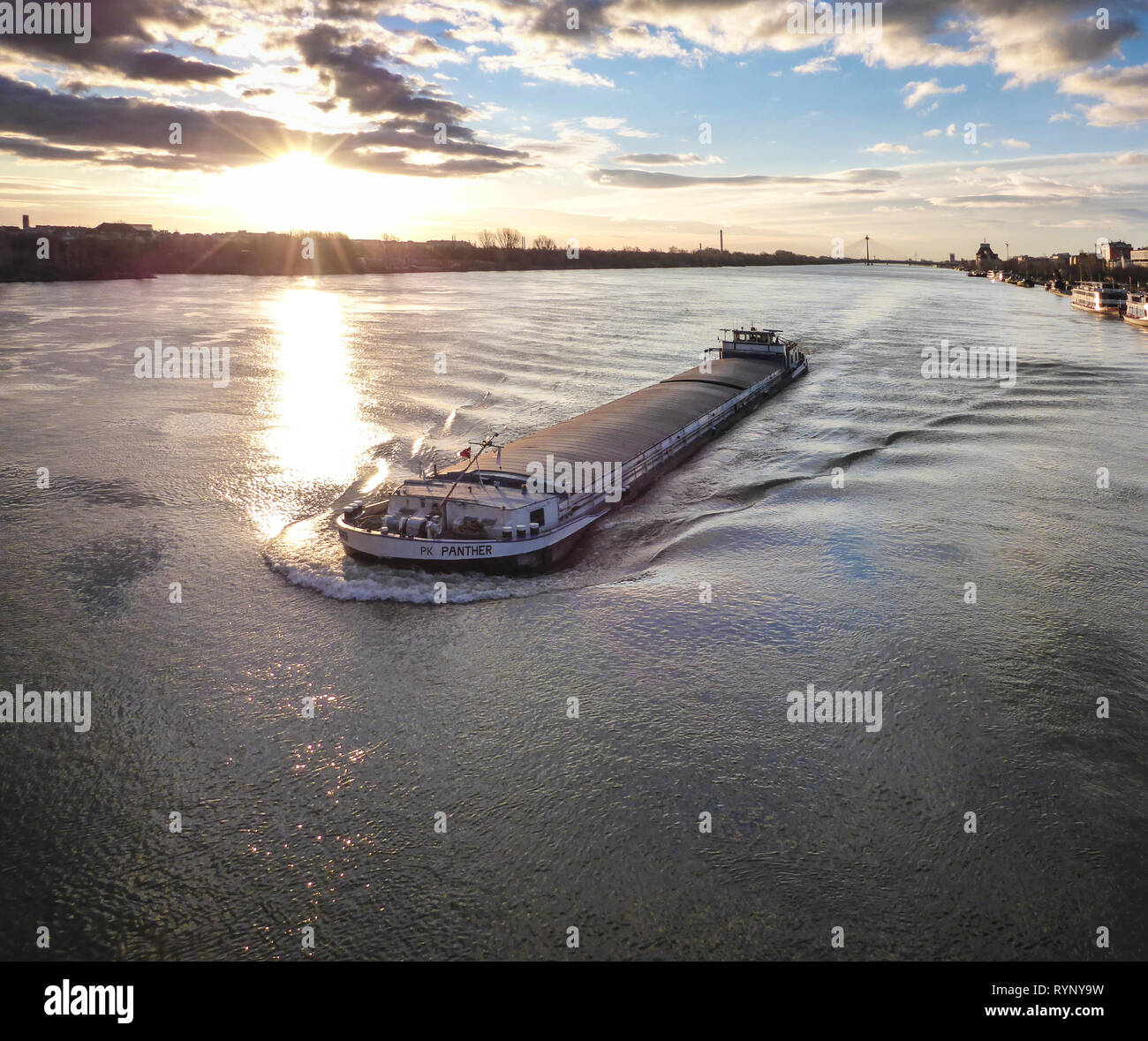 Wien, Vienna: river Donau (Danube), cargo ship in 02. Leopoldstadt ...