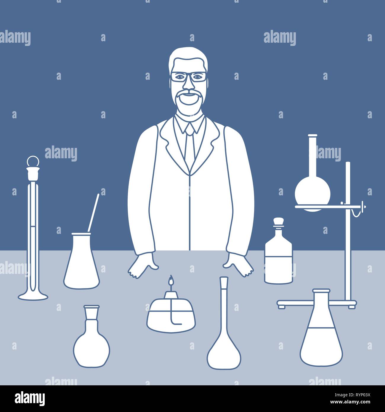 Vector illustration with scientist at work, glassware flasks, burner ...