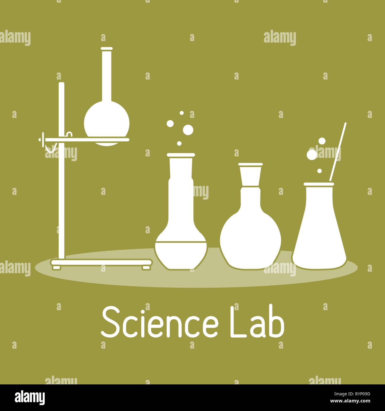 Vector science illustration with flasks, equipment stand. Laboratory ...