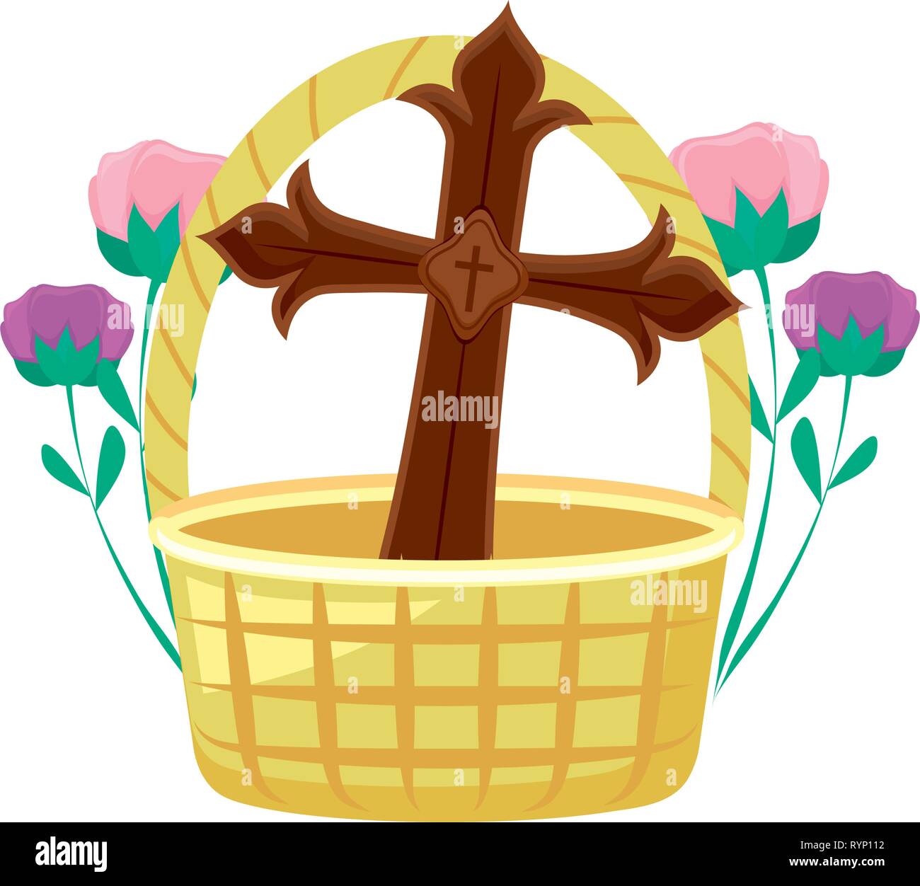 wooden catholic cross in basket and flowers vector illustration design ...