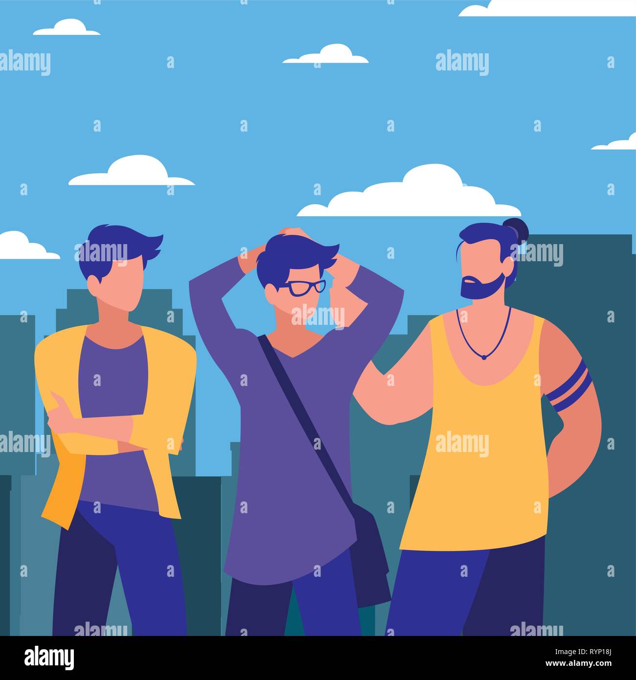 three men standing in city street vector illustration Stock Vector ...