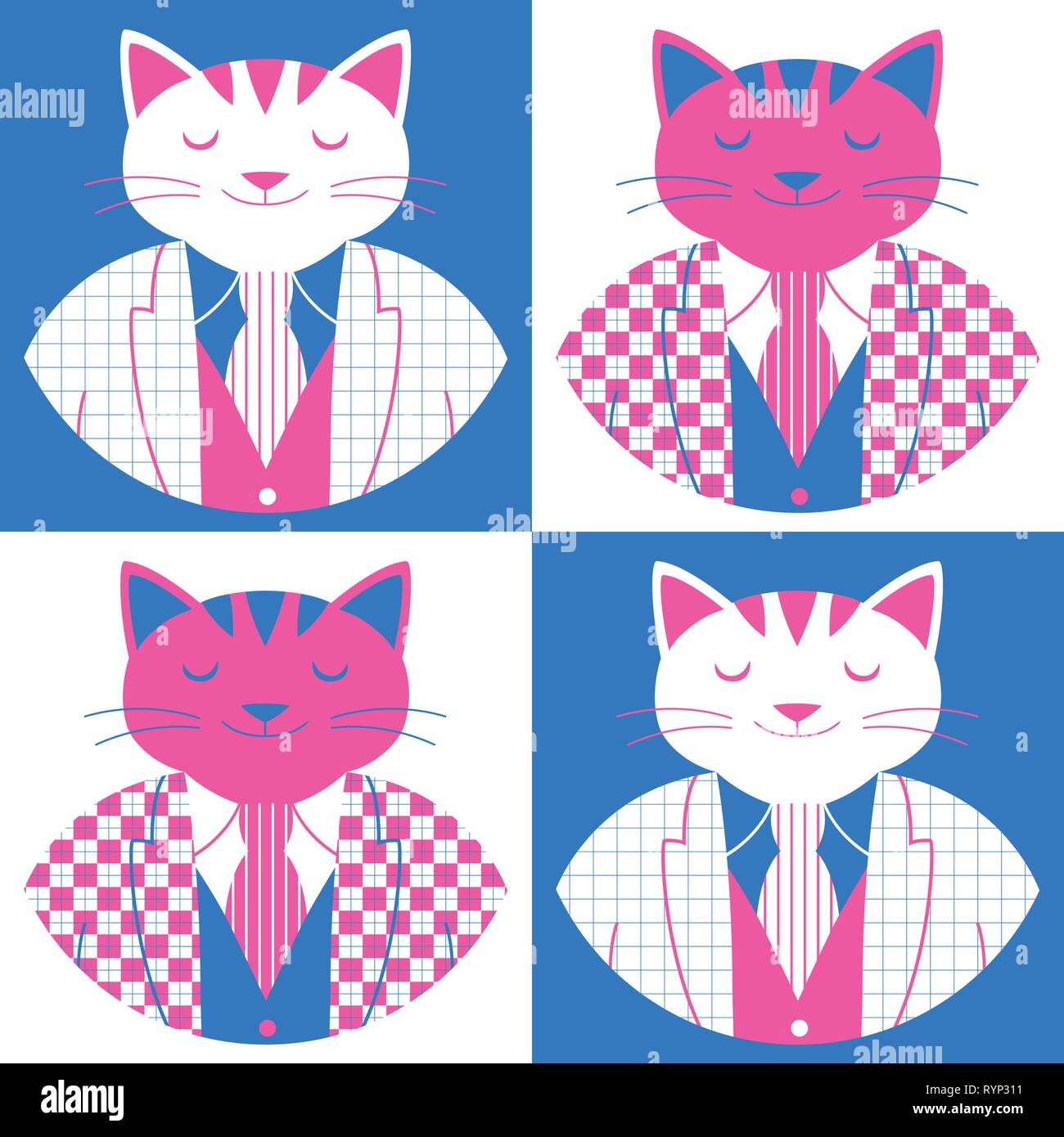Seamless pattern with four cartoon cats in plaid jacket, vest and ...