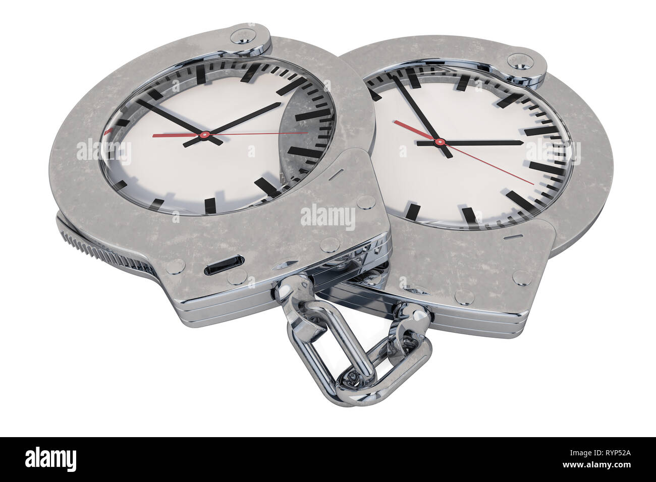 Time management concept. Handcuffs with clockes, 3D rendering isolated ...