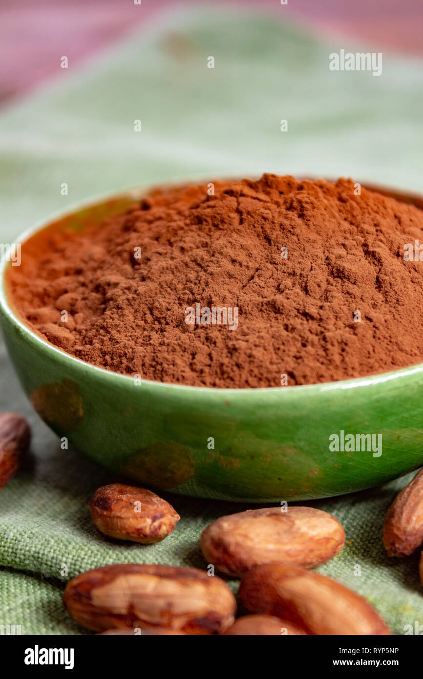 Cocoa or cacao beans and powder, used in hot chocolate drink, chocolate ...