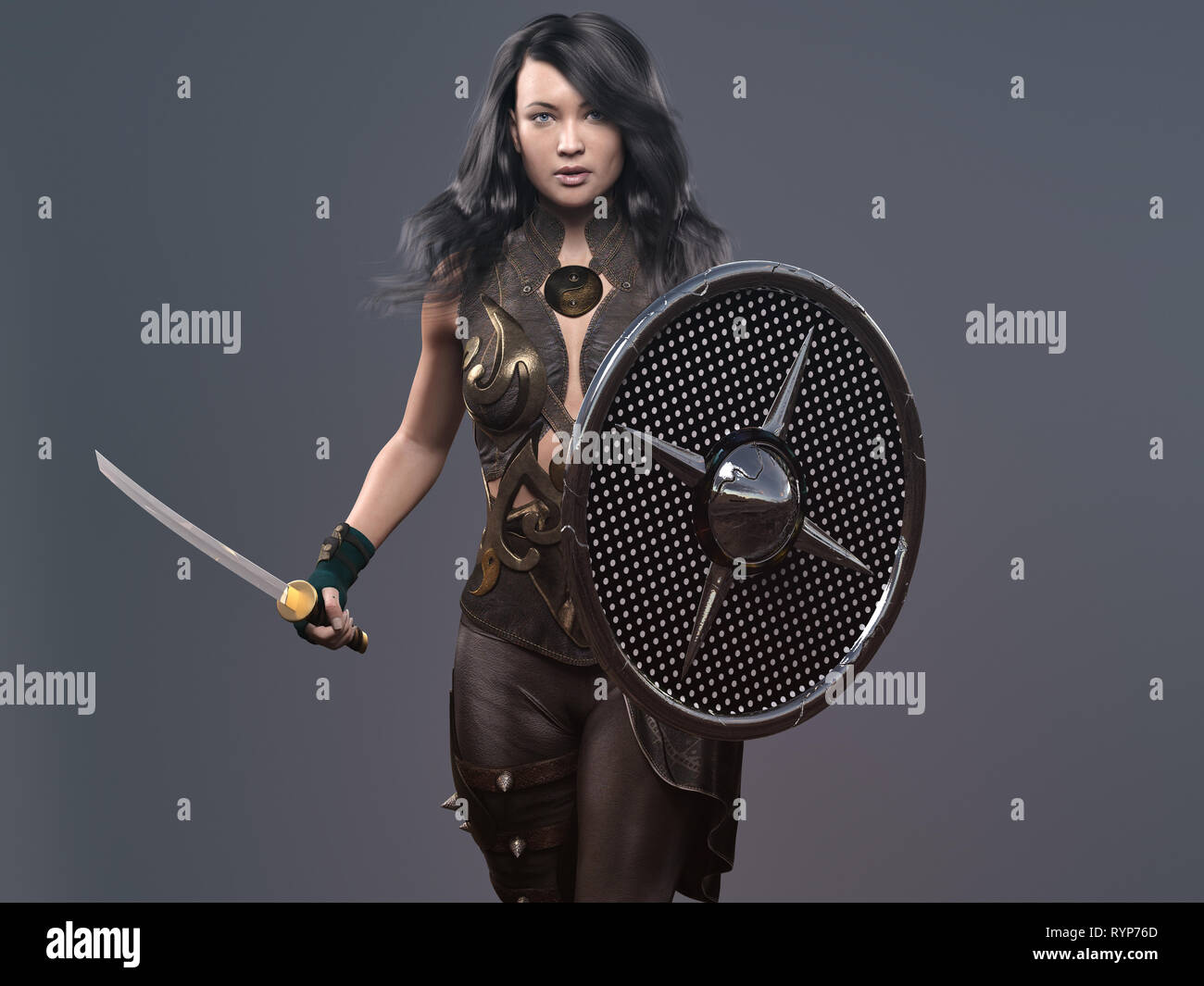 woman with sword and shields - 3d rendering Stock Photo - Alamy
