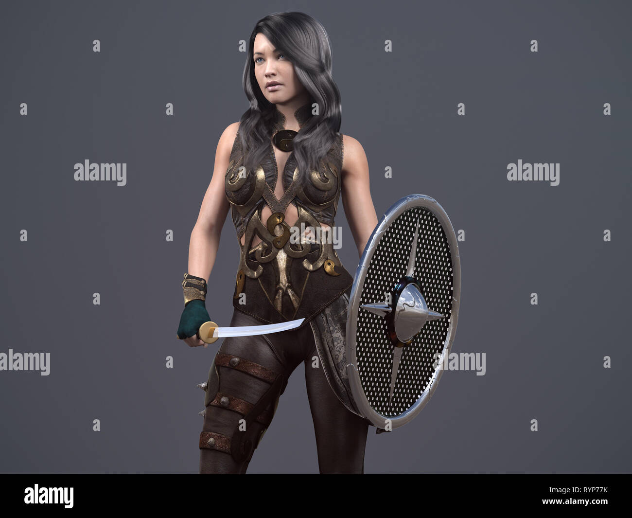 woman with sword and shields - 3d rendering Stock Photo - Alamy