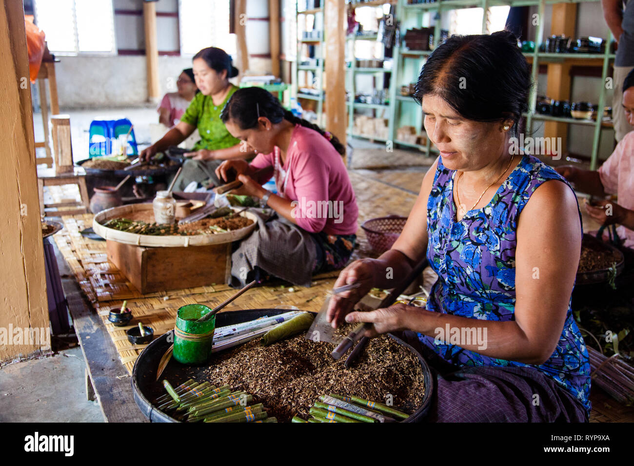 Traditional cheroot makers roll cheroots by hand at Inle Lake, Myanmar ...