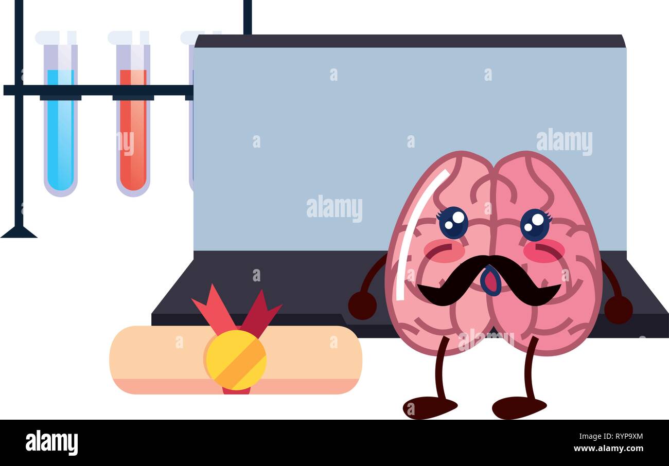 brain cartoon laptop education diploma science flask vector ...