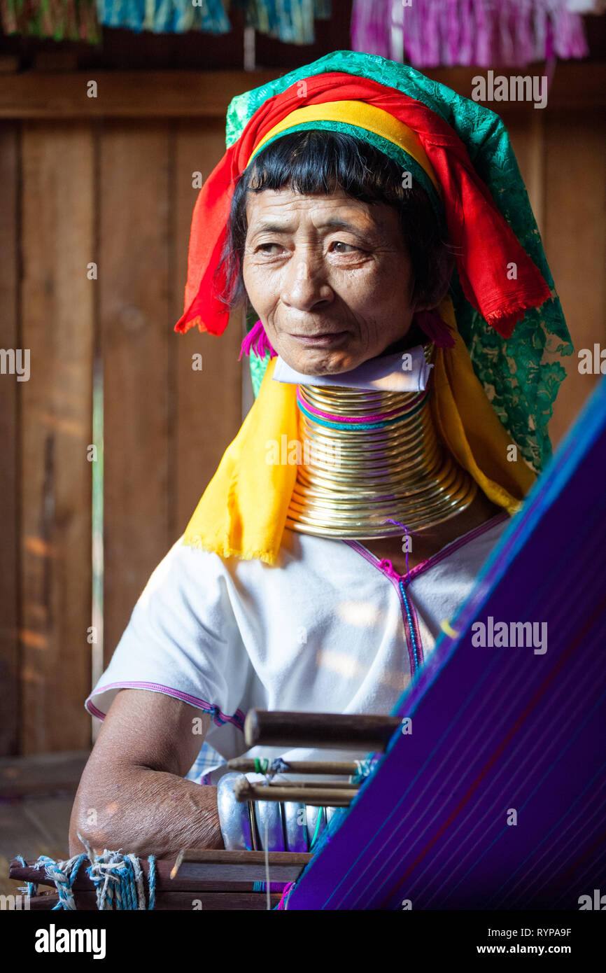 A Padaung long-necked woman with rings round her neck, Myanmar Stock ...