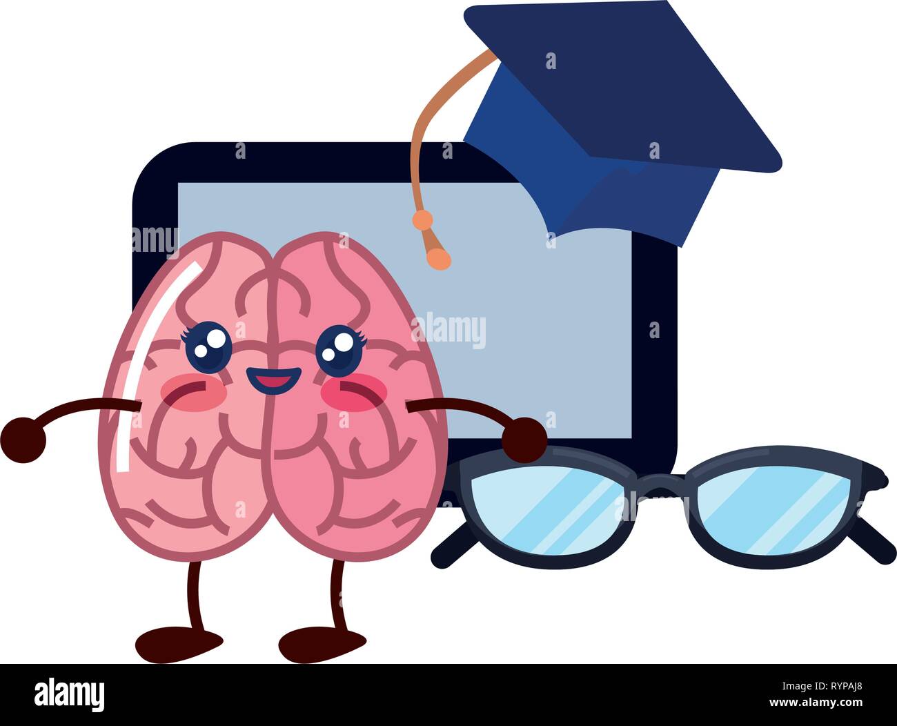brain cartoon tablet education graduation hat eyeglasses vector ...