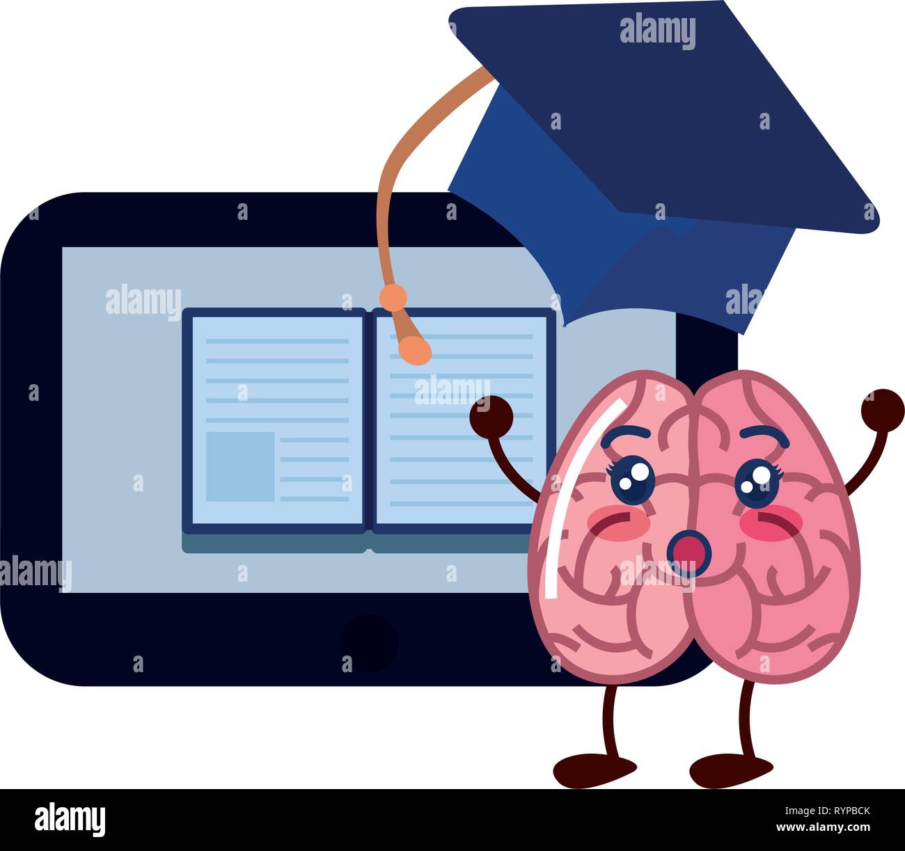 brain cartoon tablet education ebook graduation hat vector illustration ...